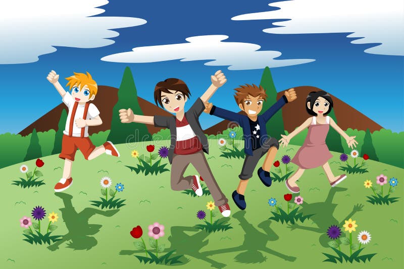 Children Running on the Open Field of Wild Flowers Stock Vector ...