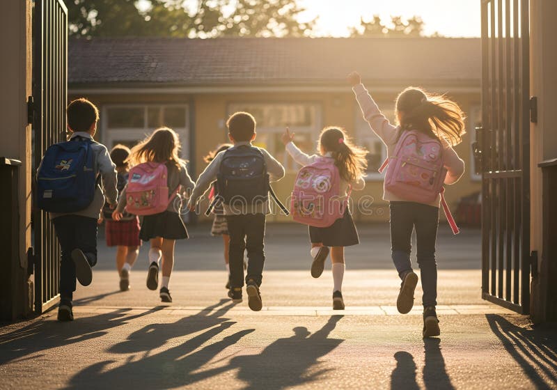 Children Running Out of School Gates at Sunset Stock Photo - Image of ...