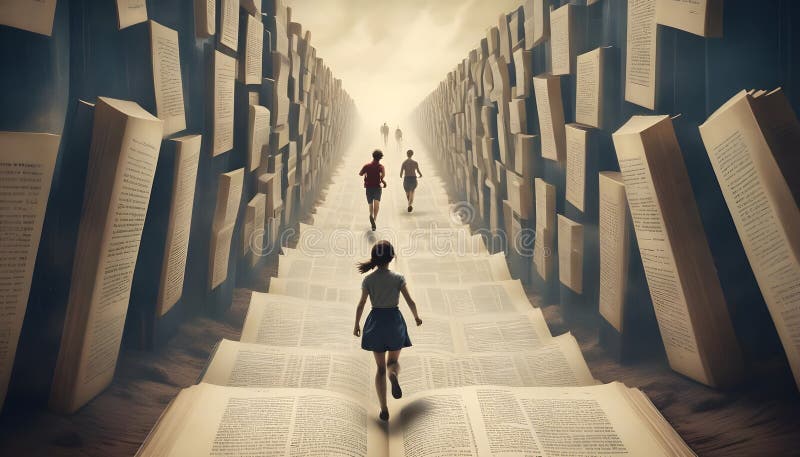 Children Running on a Path Made of Books Stock Photo - Image of ...