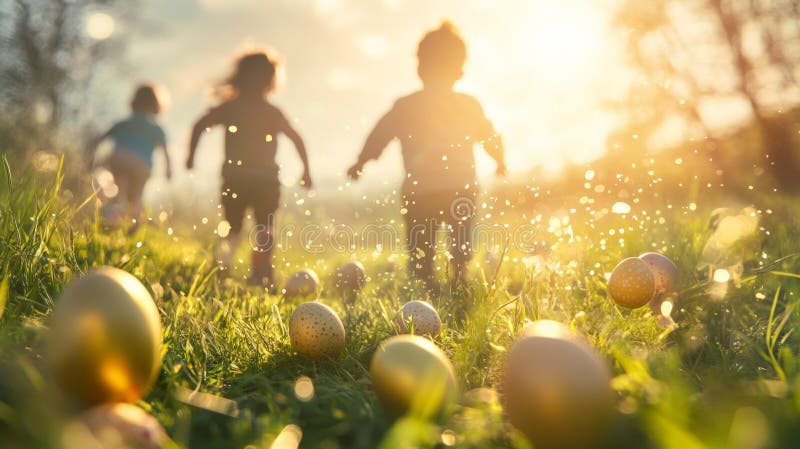 Children Running in Sunny Field with Easter Eggs Stock Illustration ...