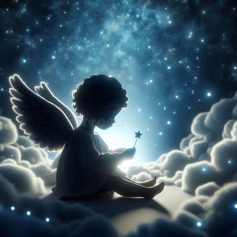 A Children S Angel in Dark Silhouette Sitting on an Illuminated Starry ...