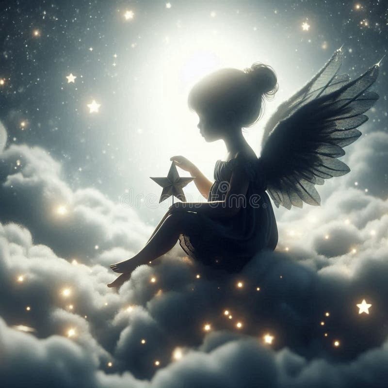 A Children S Angel in Dark Silhouette Sitting on an Illuminated Starry ...