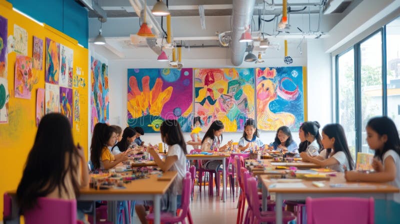 Children S Art Class in a Bright, Colorful Classroom Stock Illustration ...