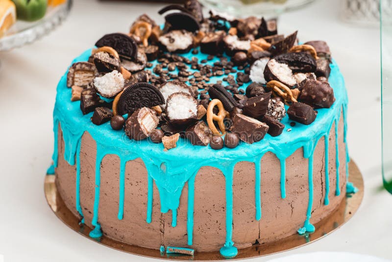 Children`s Blue Birthday Cake with Candys on the Top Stock Image ...