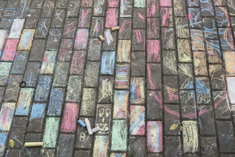 Children S Chalk Drawings on the Pavement Stock Photo - Image of crayon ...