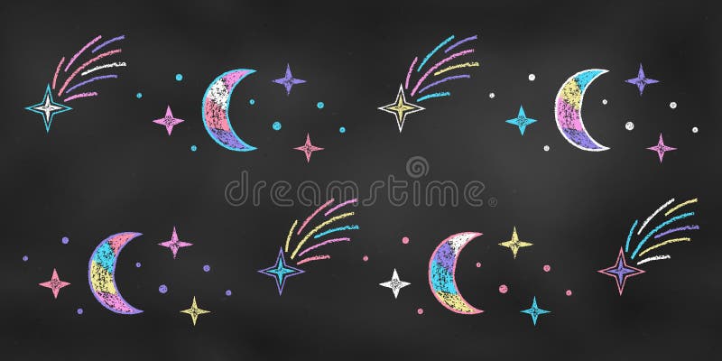 Children S Chalk Drawn Sketch. Set of Design Elements of Starry Night ...