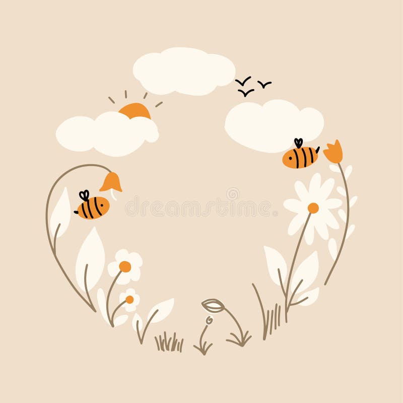 Children S Circular Frame with Flowers, Nature, Clouds, Bees. Vector ...