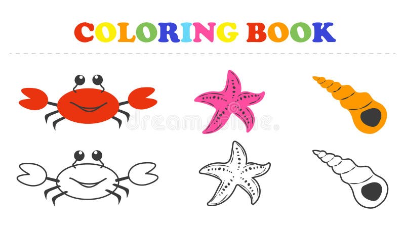 Children S Coloring Page Crab, Starfish, Shell. Children S Coloring ...