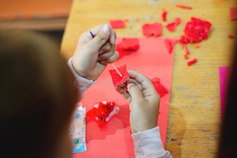 Children`s Creativity. a Child Makes a Paper Craft Stock Photo - Image ...
