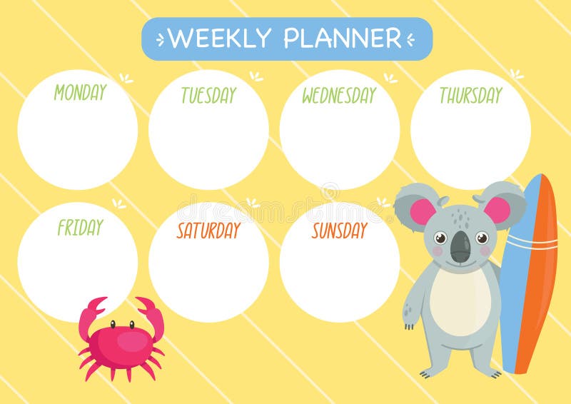 Children S Cute Week Planner. Horizontal. with Cute Koala Character and ...