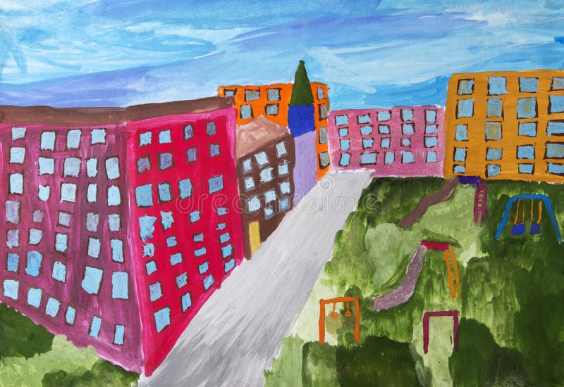 Children S Drawing Cityscape Stock Illustration - Illustration of ...