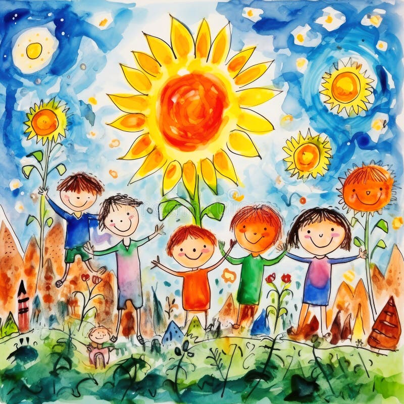 Children S Drawing Drawn with Paints. Kids Walking in the Sun Stock ...
