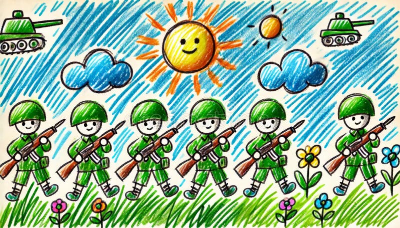 A Children S Drawing of Soldiers in a Naive and Playful Style Stock ...