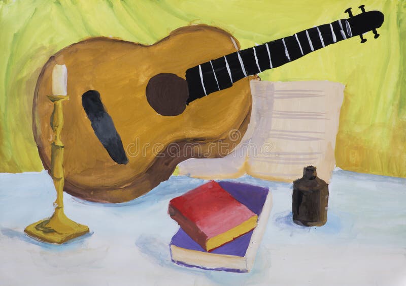 Children S Drawing Still Life with Guitar Stock Illustration ...
