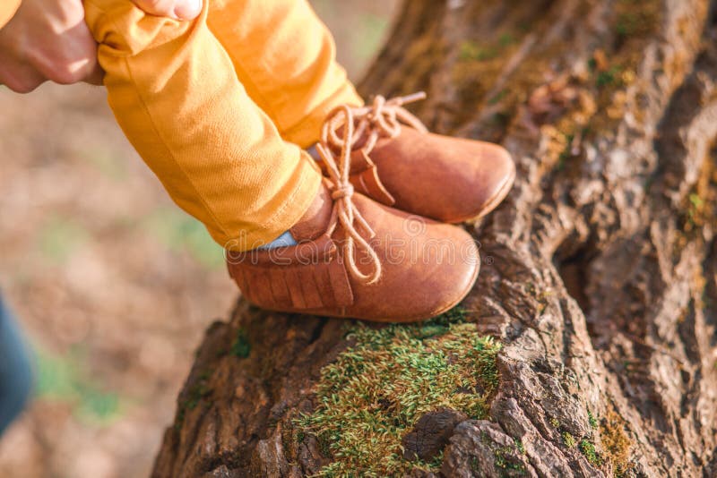 Children`s Feet in Brown Shoes on a Tree Background Stock Image - Image ...