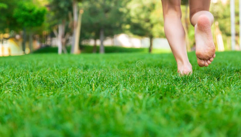 Children& X27;s Feet Go on the Grass. Selective Focus Stock Image ...