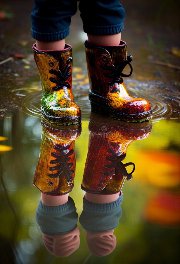 Children& X27;s Feet in Multi-colored Bright Boots Walk on the Water ...