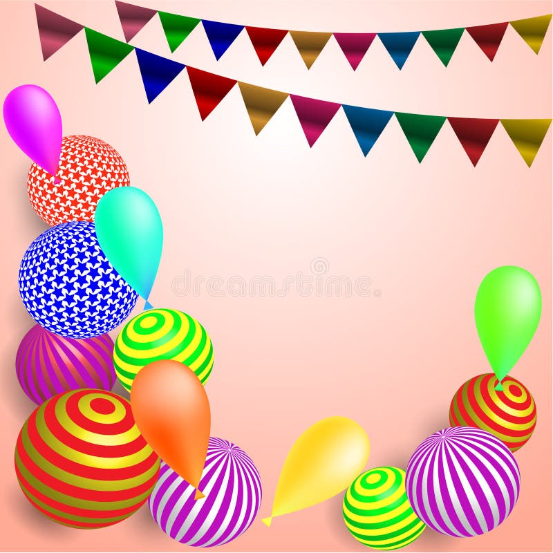 Children`s Festive Background with Flags and Balls on a Soft Pink ...