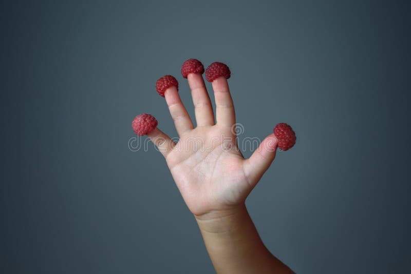 Children`s Hand with Raspberries on the Fingers Stock Photo - Image of ...