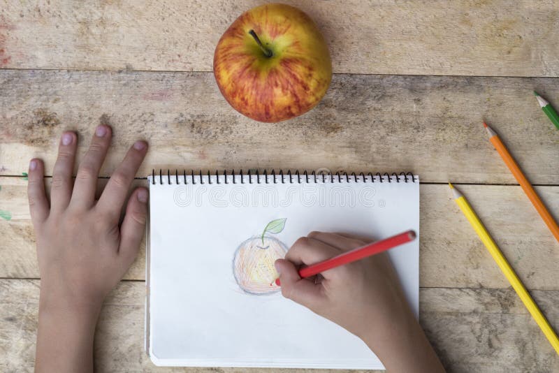 Children`s Hands Draw an Apple with Colored Pencils. Top View Stock ...