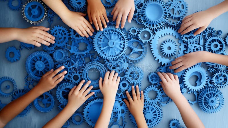 Children S Hands Interacting with Blue Gears Teamwork Collaboration ...