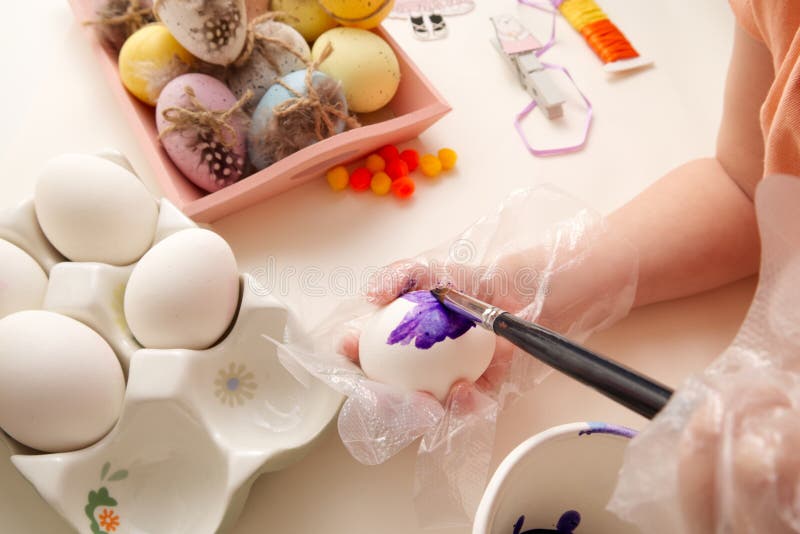 Children S Hands Paint Easter Eggs with Elements of Spring Decor Table ...