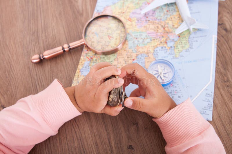 Children`s Hands Playing with Various Objects on the Map Stock Photo ...