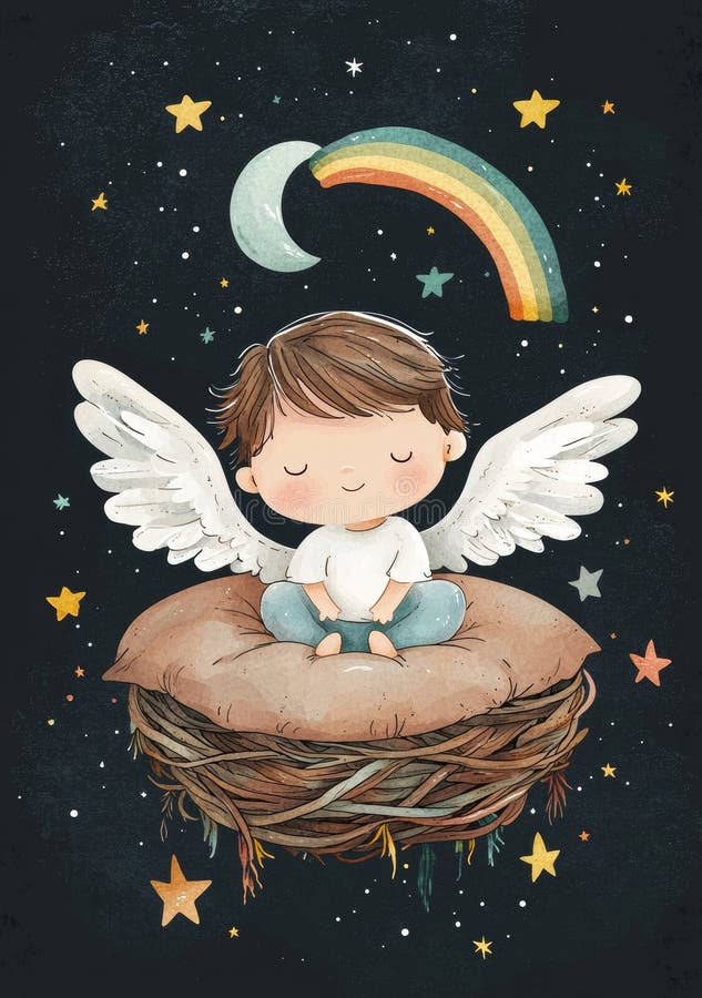 Children S Illustration of a Sleeping Angel in Watercolor. Stock Image ...
