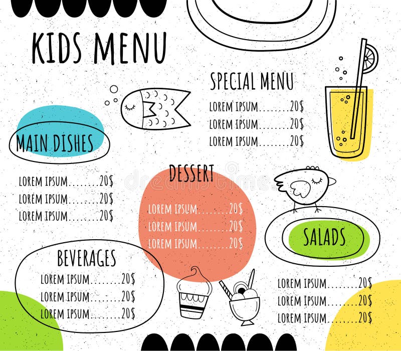 Children`s Menu in a Hand-drawn Style. Cute Fish, Chicken, Lemonade and ...