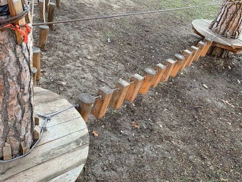 Children`s Obstacle Course in the Forest. Cableway in the Park for ...