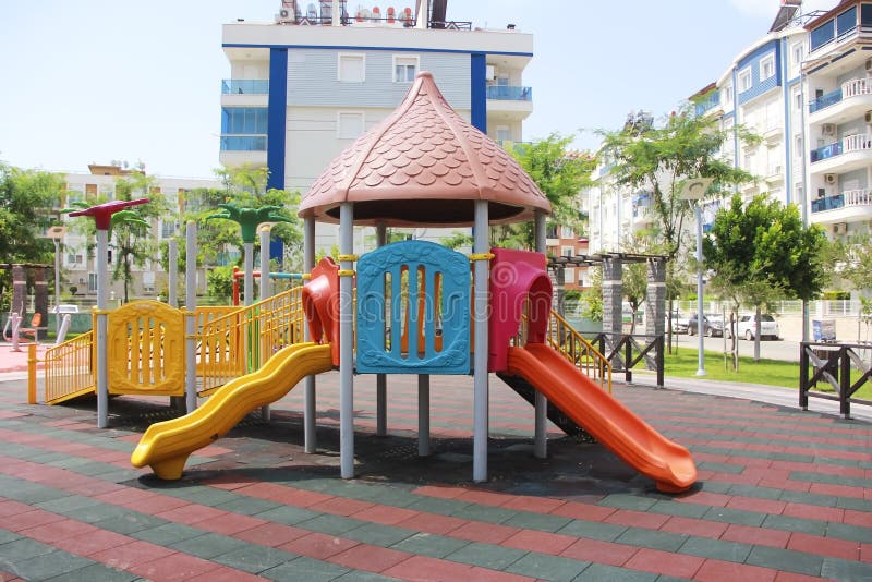 Antalya, Turkey, May 20, 2020. Children`s Playground on the Street with ...