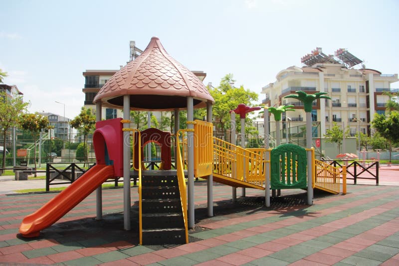 Antalya, Turkey, May 20, 2020. Children`s Playground on the Street with ...