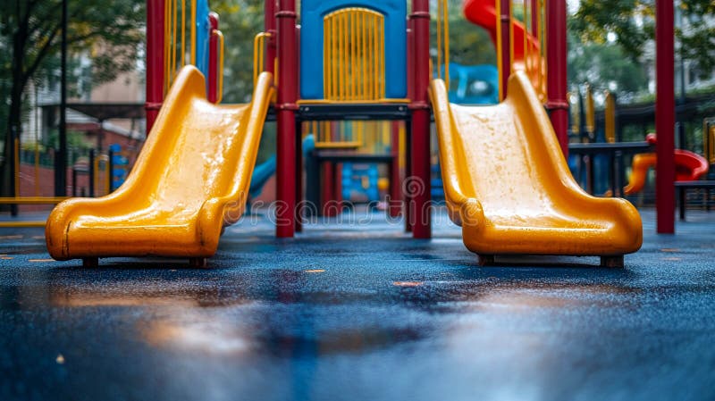 Children S Playground. Two Bright Yellow Slides Arranged Symmetrically ...
