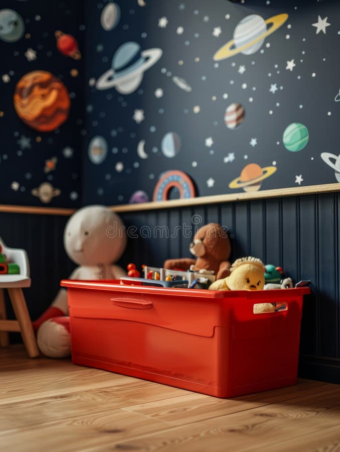 Children S Playroom with a Red Toy Box and Space-themed Decor. Stock ...