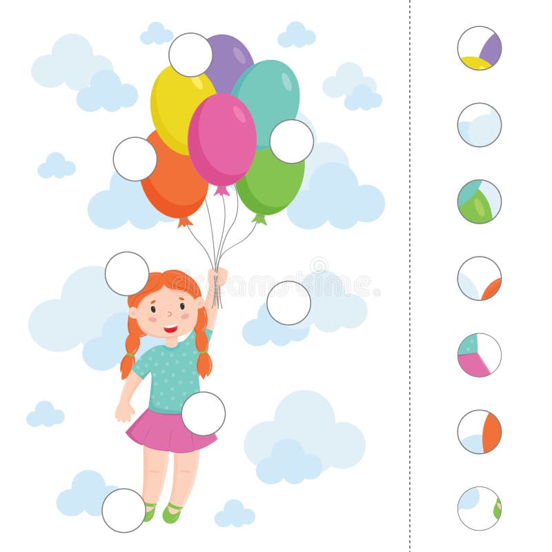Children`s Puzzle Game. the Girl is Flying in Balloons Stock Vector ...
