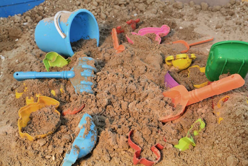 Children`s Sandbox with Various Toys for the Game Stock Photo - Image ...