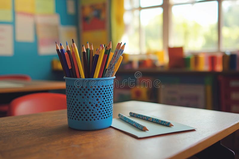 Children S School Supplies on a Student S Desk in a Class Stock Photo ...
