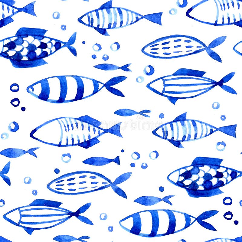 Watercolor Seamless Pattern with Fish. Children S Simple Drawing Blue ...