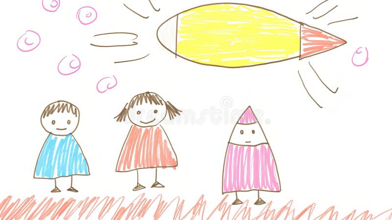 Children S Sketch Art with Rocket and Smiling Stick Figures Stock ...