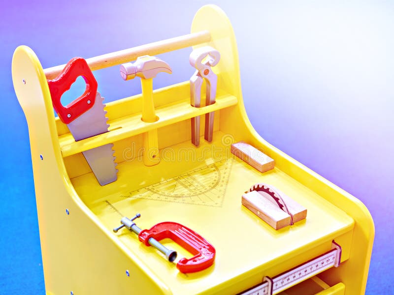 Kid`s Toy Carpentry Workbench with Tools Stock Photo - Image of ...