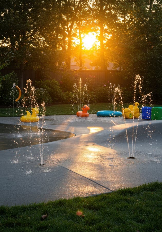 Children S Water Play Area at Sunset Stock Illustration - Illustration ...