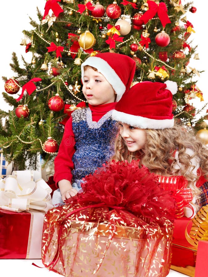 Children in Santa Hat with Gift Box. Stock Photo - Image of family ...