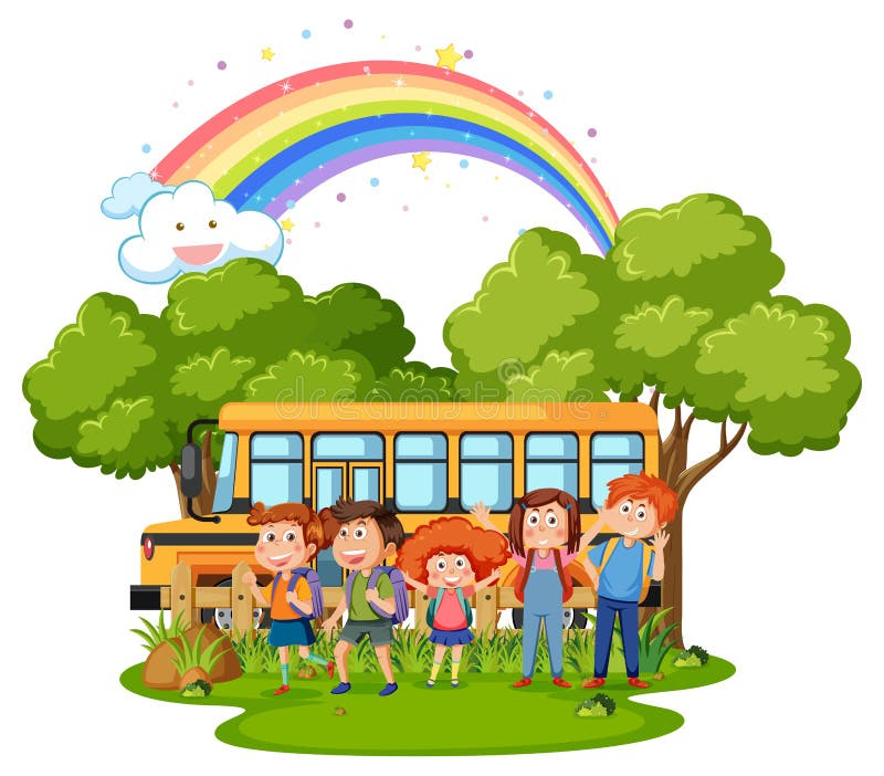 Children with School Bus in Cartoon Style Stock Vector - Illustration ...