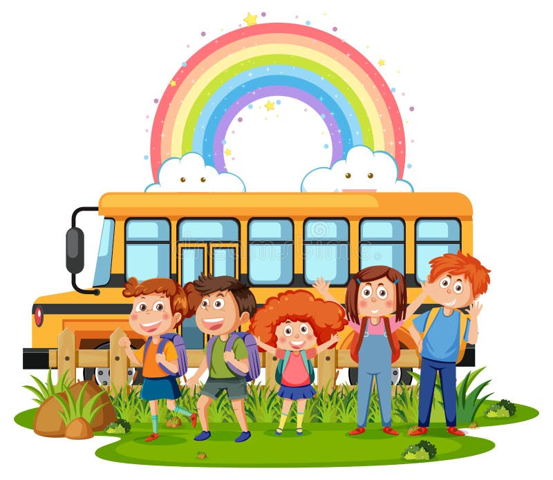 Children with School Bus in Cartoon Style Stock Vector - Illustration ...