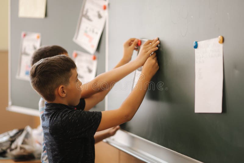 Blackboard in Elementary School Classroom with Welcome Banner an Stock ...