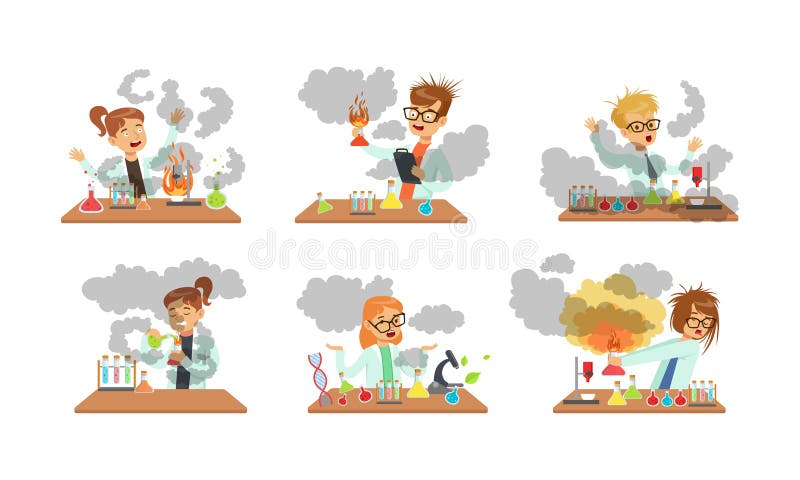 Children Scientist at Table with Exploded Flask with Chemicals after ...