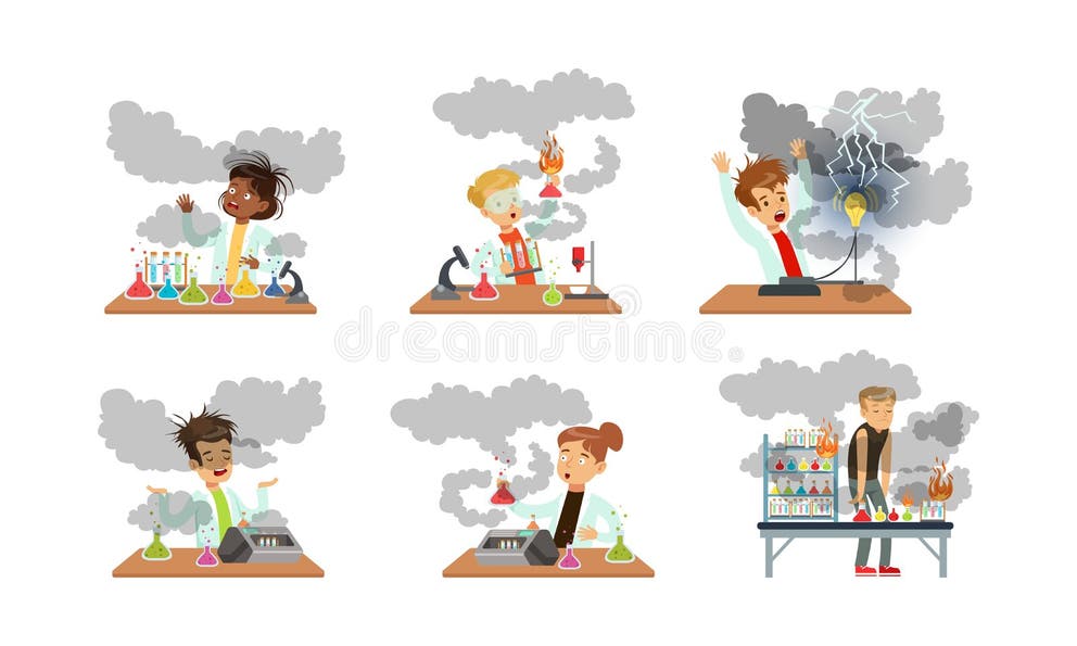 Children Scientist at Table with Exploded Flask with Chemicals after ...