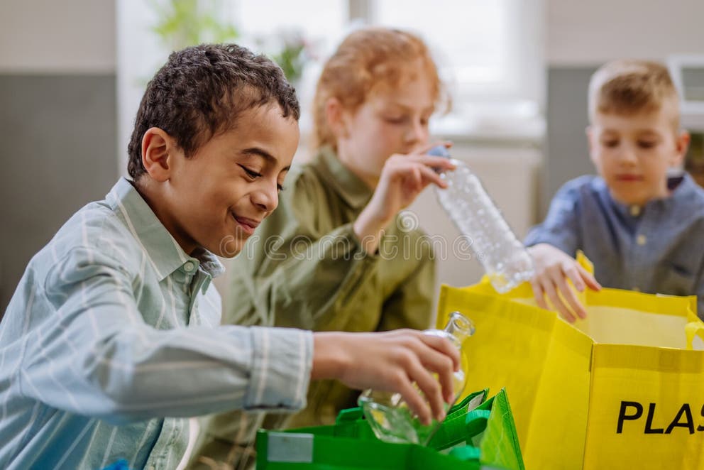 Children Separating Rubish in To Three Bins. Stock Photo - Image of ...