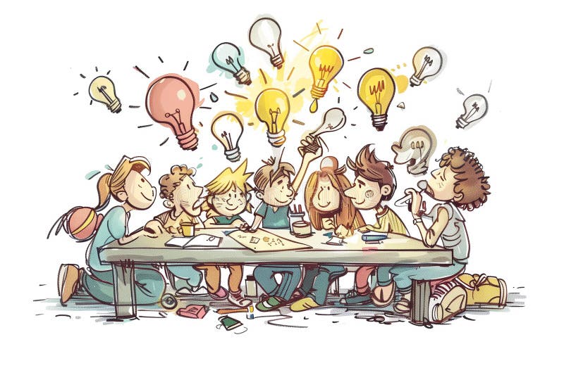 Children Share an Idea with Light Bulbs. Doodle Handdrawn Stock ...