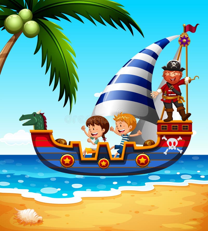 Children on the Ship with Pirate Stock Vector - Illustration of trip ...